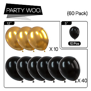 PartyWoo Gold and Black Balloons, 60 pcs of Black Balloons, Gold Metallic Balloons for Black Gold Party Decorations, Hip Hop Party Decorations, Hollywood Party Decorations, Disco Party Decorations