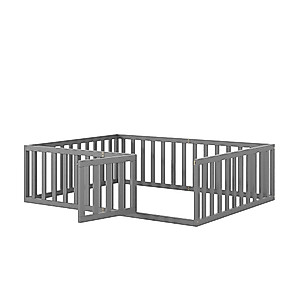Harper & Bright Designs Full Floor Bed for Kids, Montessori Bed Frame with Guardrails and Door, Wooden Floor Full Bed for Kids, Boys Girls (Full Size, Gray)