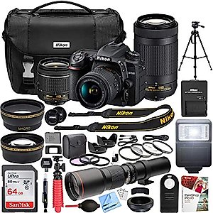 Nikon D7500 20.9MP DX-Format Digital SLR Camera + 18-55 VR & 70-300 AF-P VR Bundle with 500mm Preset Telephoto Lens, 64GB Memory Card and Accessories (21 Items)