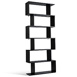 Tangkula 6-Tier Geometric Bookcase, Modern S-Shaped Storage Display Bookshelf for Living Room, Anti-Toppling Device, Home Office Wooden 6 Shelf Open Bookcase (1, Black)