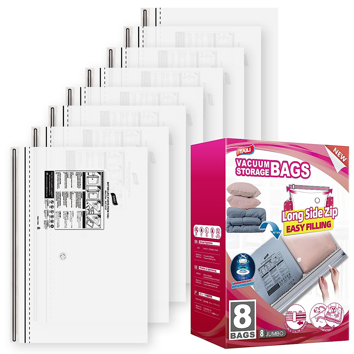 TAILI Long Side Zip - 8 Extra Large Vacuum Storage Bags for Bedding for Towels, Blankets, Pillows or Clothes-Space Saver Vacuum Seal Bags for Clothing Ideal Under Bed Storage Solution