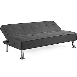 Topeakmart Fabric Futon Sofa, Convertible Futon Bed, Folding Couch, Sectional Sleeper Sofa for Small Space with USB Ports, Folding Sofa for Compact Living Space, Apartment, Office, Living Room Gray
