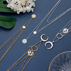 Biokia 6 Pieces Layered Necklaces For Women Long Necklaces Gold Choker Necklaces Map Coin Bar Crescent Moon Necklace Layered Y Pendant Necklace Multilayer