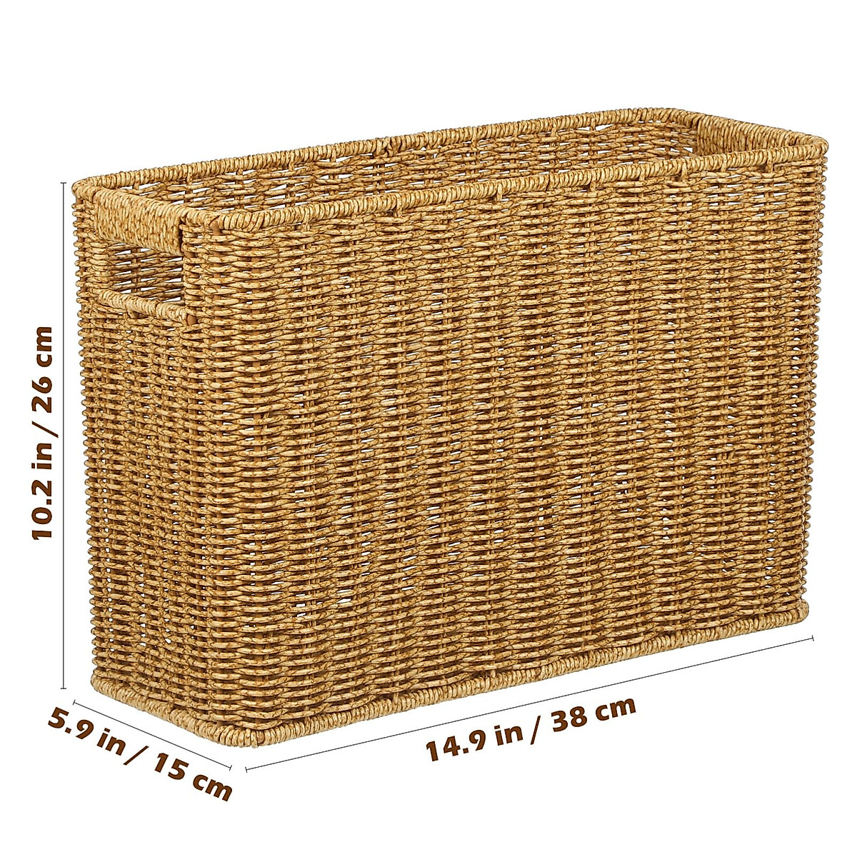 STOBAZA Woven Basket with Handles Magazine Book Storage Basket Bin for Home Office, Handwoven Narrow Basket for Books, Newspaper, File and Mail - 38.00X26.00X15.00CM