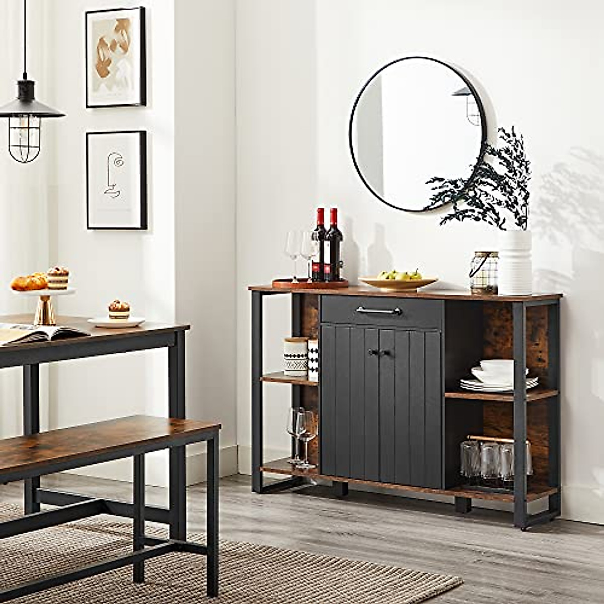 VASAGLE Buffet Cabinet, Kitchen Sideboard, Storage Organizer with Drawer, Shelves, Door, for Living Room Hallway, Rustic Brown and Black ULSC103B01