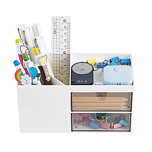 Office Desk Organizer with drawer, Office Supplies and Desk Accessories, Business Card/Pen/Pencil/Mobile Phone/Stationery Holder Storage Box (White)