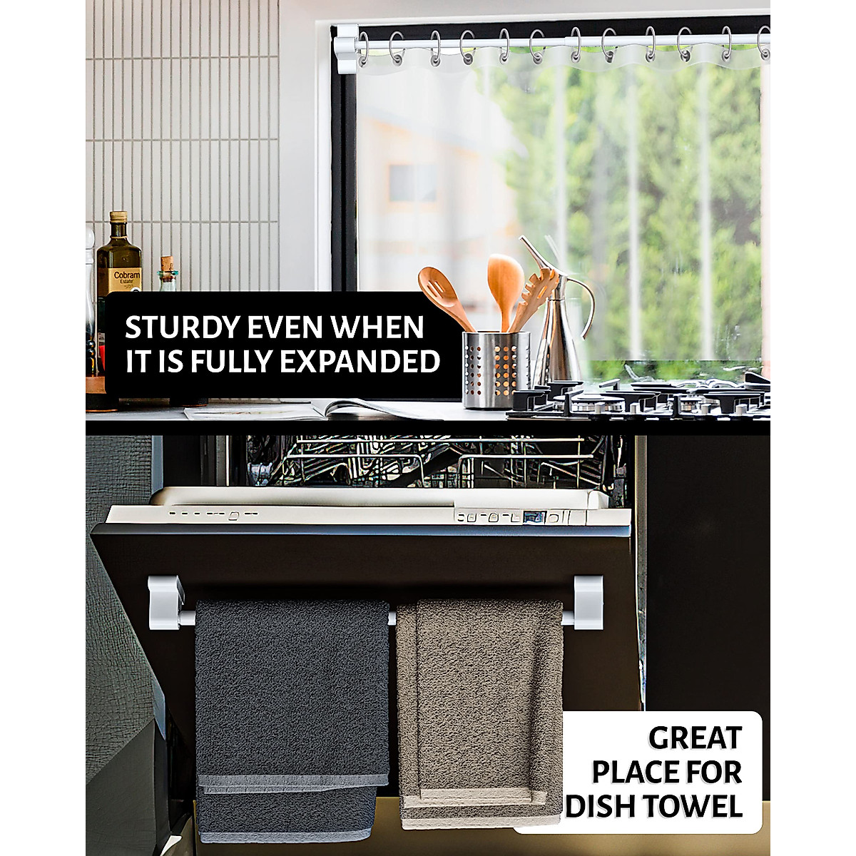 Skywin Magnetic Towel Holder for Refrigerator - 2 Pack Small Magnetic Curtain Rod for Metal Door with Adjustable Length - Fits Towels and Easily Attachable (White)