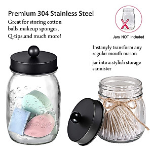 Komashr Mason Jar Bathroom Accessories Lids Set(4pcs) - Jars Not Included - Soap Dispenser,Toothbrush Holder, Apothecary Jars Lids for Regular Mouth Mason Jars - Rustproof Stainless Steel，Black