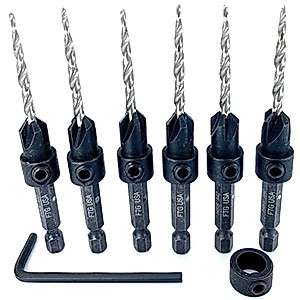 FTG USA Countersink Drill Bit Set 6 Pc #6 (9/64") Wood Countersink Drill Bit Pro Pack Countersink Set, Tapered Countersink Bit, 1 Stop Collar, Hex Wrench, Woodworking Countersink Drill Bits