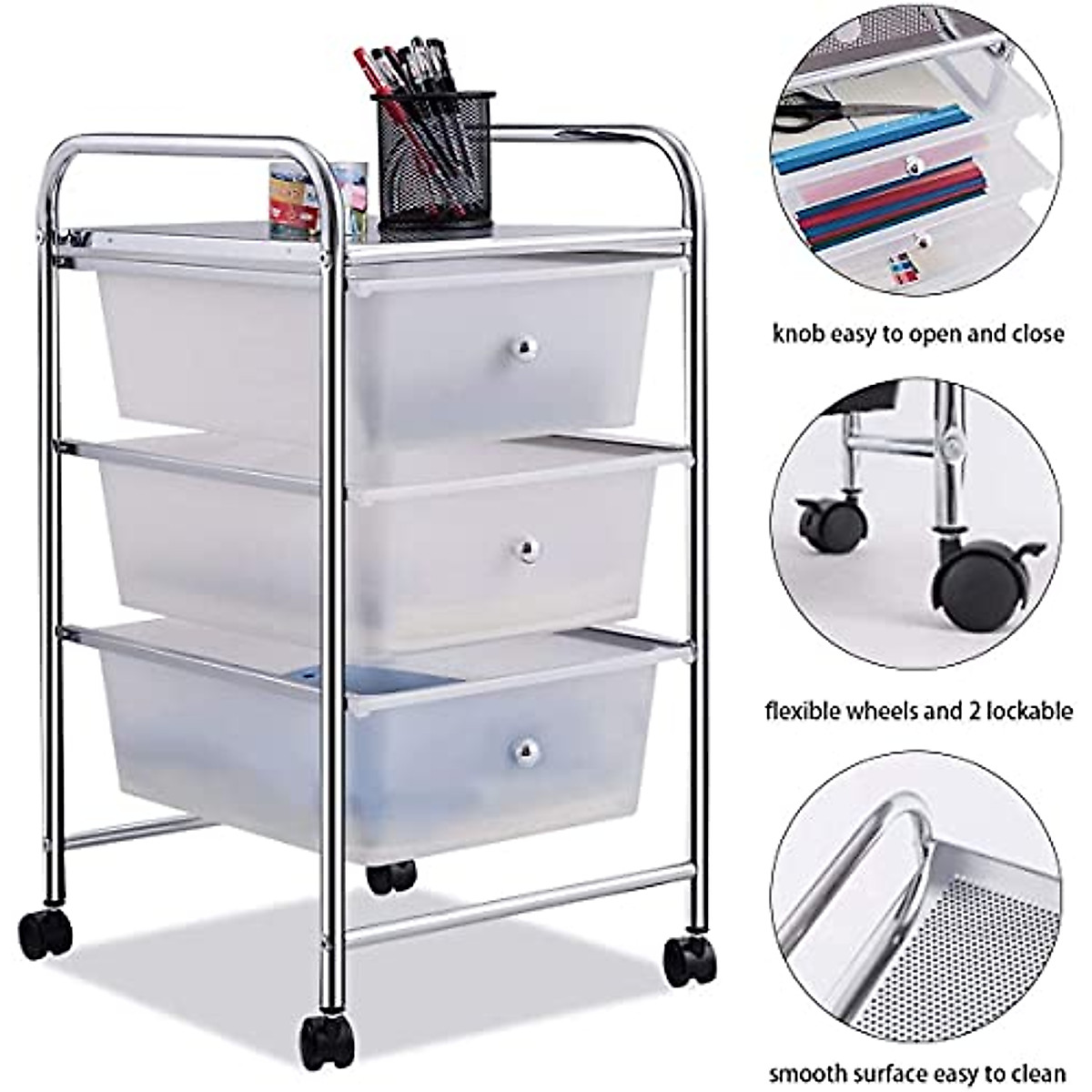 GOFLAME 3-Drawer Storage Cart, Rolling Storage Drawer Organizer with Mesh Top, Handle and 2 Lockable Wheels, Mobile Drawer Storage Unit for Home and Office