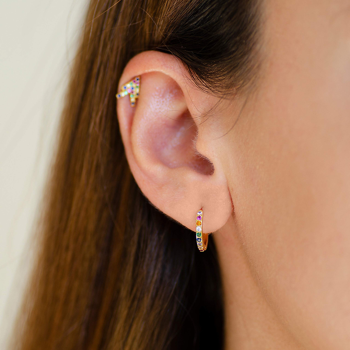 LAVLA Rainbow Pave CZ Gold Hoop Earrings for Women | Small Huggie Earrings for Cartilage, Lobe, Multiple Piercings