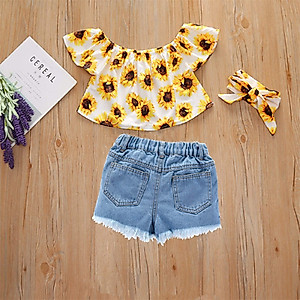 Toddler Kids Summer 2Pcs Baby Girl Off Shoulder Lace Flower Sling Tops with Ripped Shorts Jeans Clothes Set (H# Sunflower Top & Floral Shorts, 3-4 Years)