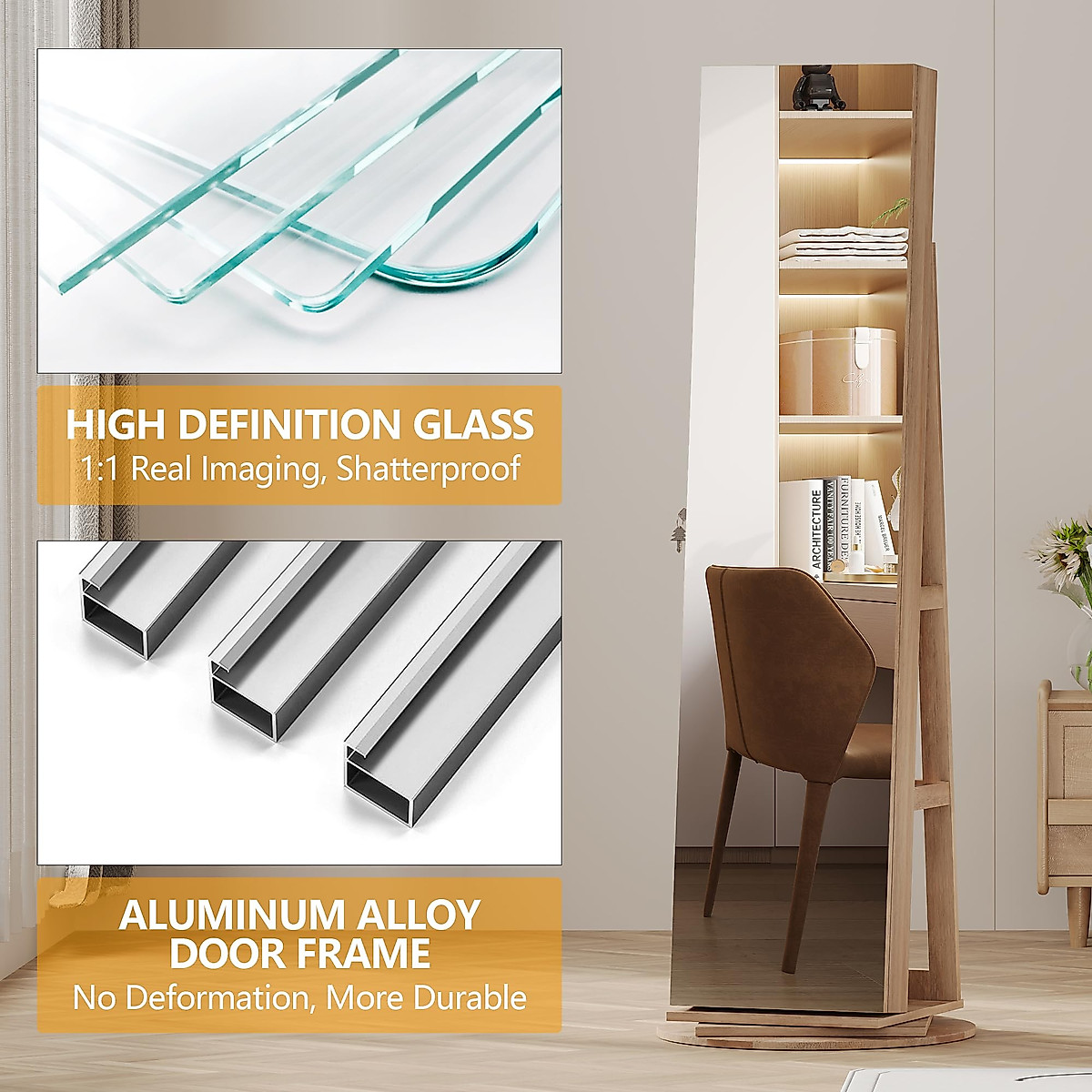 LVSOMT 360° Swivel Jewelry Cabinet with Full Length Mirror, 63" Large Jewelry Armoire Organizer, Lockable Mirror with Jewelry Storage, Floor Standing Mirror, Rear Storage Shelves