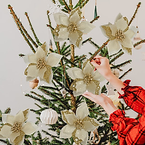 12-Pack 5.9'' Gold Glitter Poinsettia Artificial Flowers - Christmas Tree Decorations with Clips