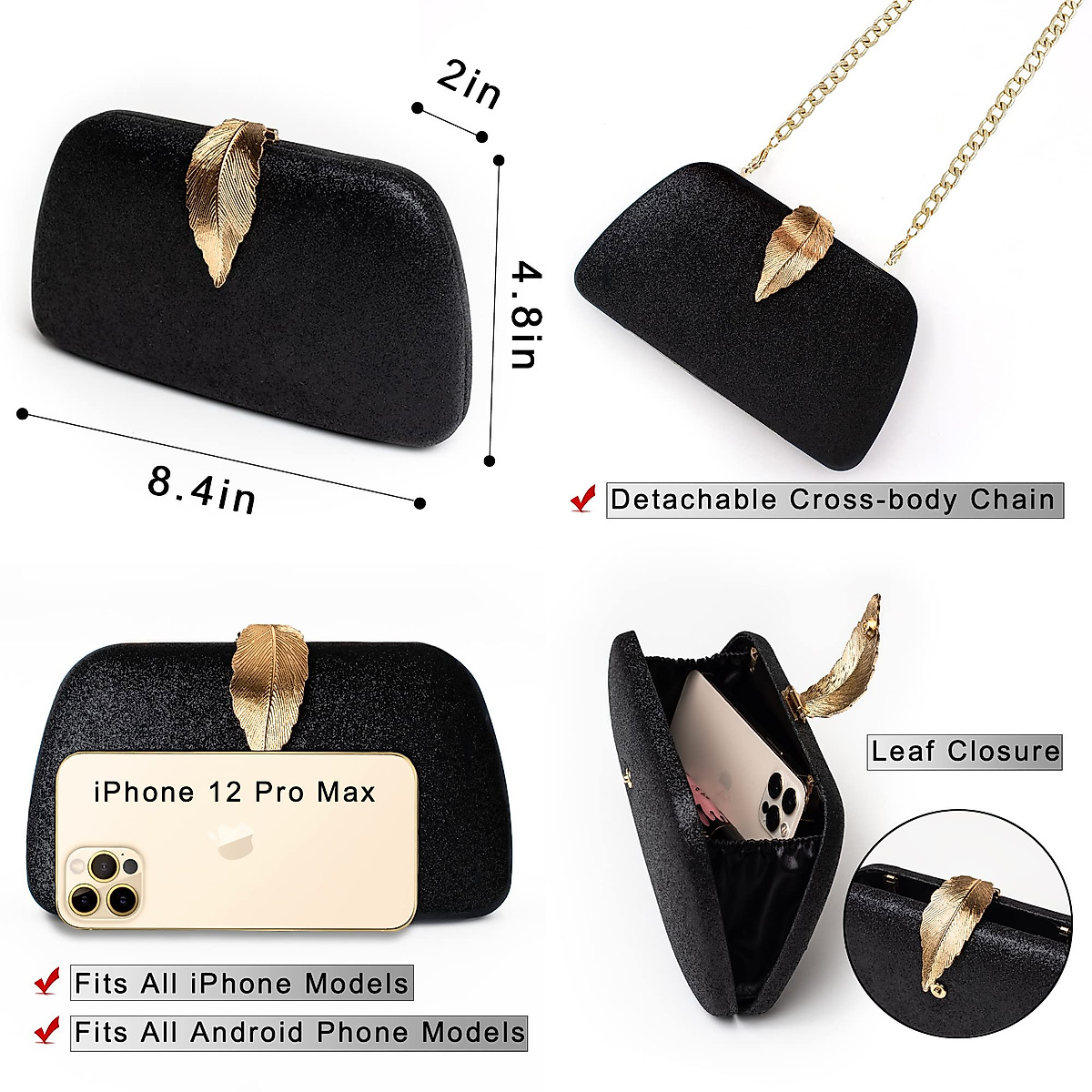 Before & Ever Women's Small Black Sparkle Clutch, Evening Handbag for Women - Formal Crossbody Purse