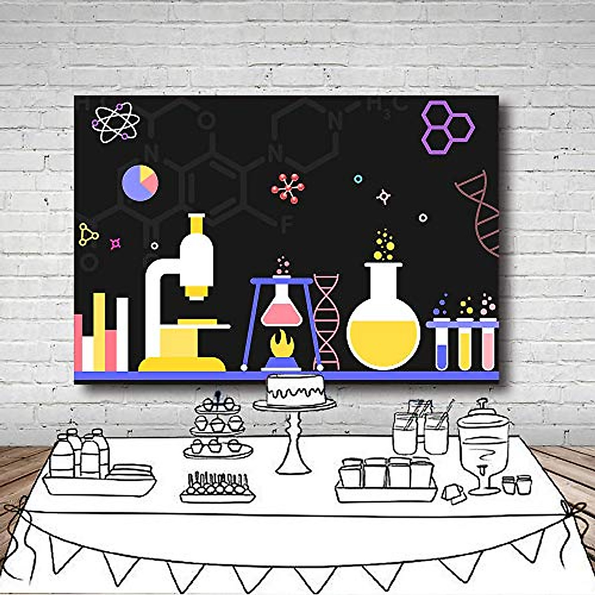 MEHOFOND 7x5ft Science Party Decorations Photo Studio Background Birthday Party Decor Banner Supplies Mad Science Fun Scientist Subject Black Backdrop School Poster for Photography