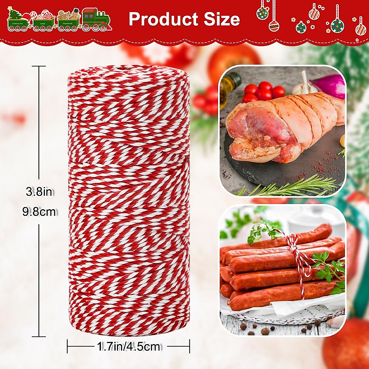 Vivifying Butchers Twine, 328 Feet 2mm Food Safe Cotton Red and White Cooking Twine, Ideal for Trussing Turkey, Roasting, Baking, Bacon, Pumpkin Bread, Festive Holiday Kitchen Use & Gift Wrapping