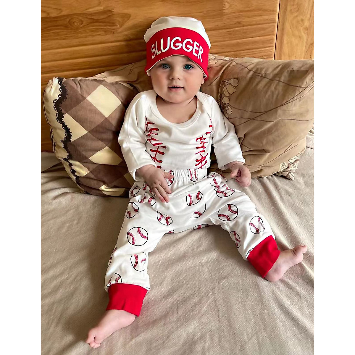 COSLAND Baby Baseball Outfit Infant Boys Cotton Pant Sets, White, Newborn