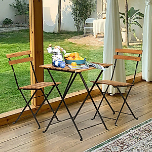 3 Pieces Bistro Set Outdoor Furniture Sets 2 Folding Chairs and Table Steel Frames and Weather-Resistant Wood Portable Design for Bistro & Balcony (Natural)
