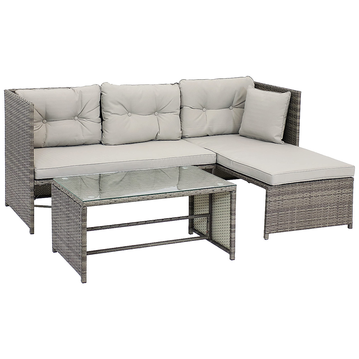 Sunnydaze Longford Outdoor Patio Sectional Sofa Set - Backyard Brown Rattan Wicker Chaise Lounge Furniture with Coffee Table and Thick Cushions - Conversation Set - Slate Gray Cushions