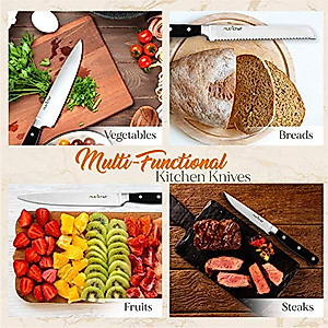 NutriChef 13 Piece Kitchen Knife Set - German Stainless Steel Kitchen Precision Knives Set w/ 6 Steak Knives & Bonus Scissors, Wooden Block Stand w/ Sharpener - Slicing, Chopping, Dicing - NCKNS13