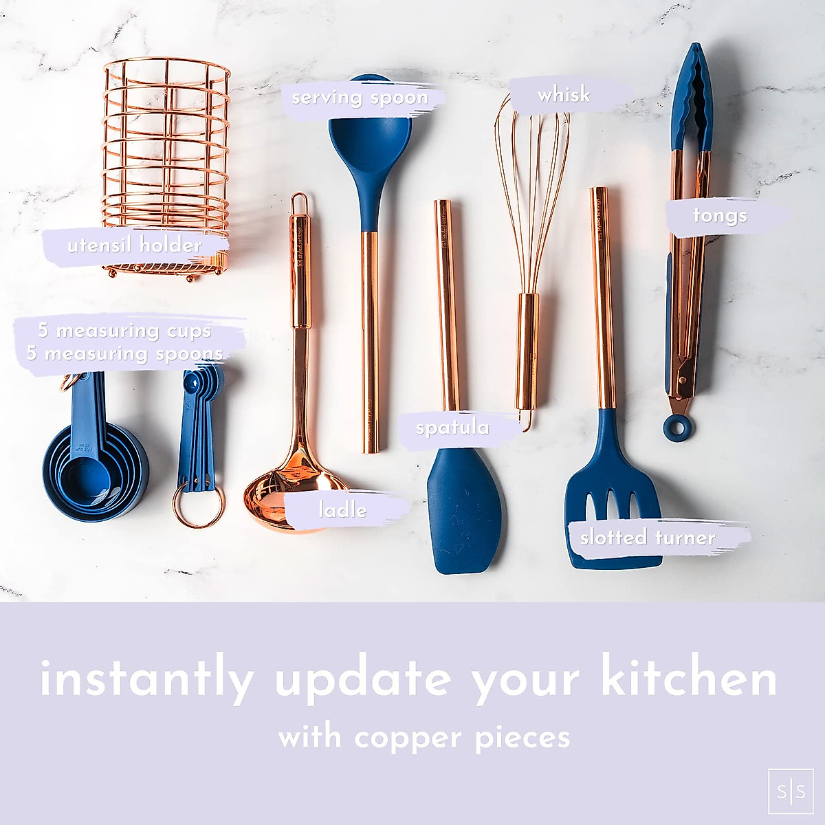 Copper and Blue Silicone Cooking Utensils Set - 17-Piece Set with Copper Utensil Holder and Measuring Cups and Spoons for Stylish Cooking and Baking - Blue Kitchen Decor, Unique Kitchen Gifts