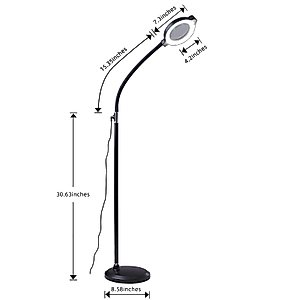 FHHKAAD 3 in 1 Magnifying Floor Lamp with Adjustable LED Bright Light，Flexibility Magnifier Lamp 5X for Reading，Crafts & Hobbies - 12W -Black