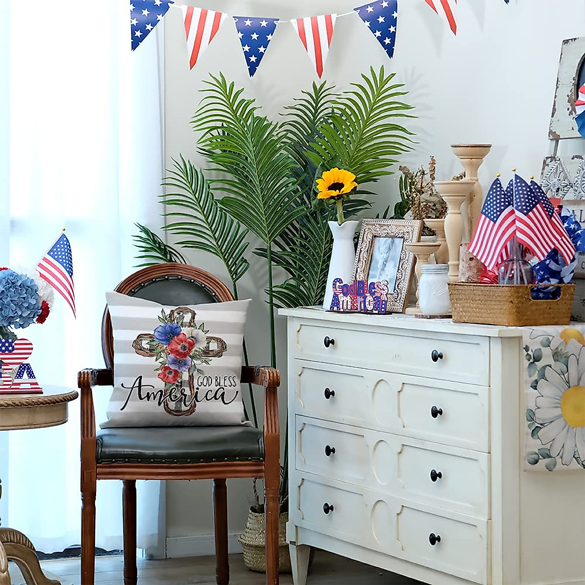 GEEORY 4th of July Decorations Pillow Covers 18x18 Set of 4 Polka Dots Star and Strip Cross Bless America Floral Jar Throw Pillows Patriotic Pillows Independence Day Decor Cushion Case G327-18