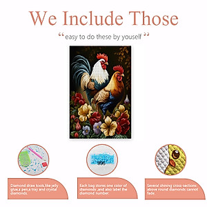 WEASYYDS Diamond Painting Kits Floral Roosters Flower Chicken Diamond Painting Art for Beginners Full Round Drill Diamond Art for Wall Decor Gift (8x10inch)