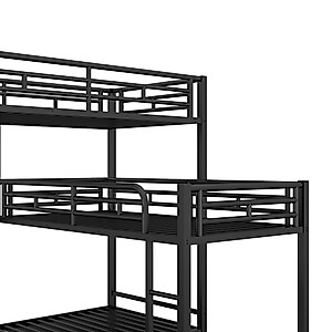 GINGVAT L-Shaped Metal Triple Twin Size Bunk Bed with 2 Built-in Ladder, Loft Bedframe and Safety Guardrails, Modern Style Bedroom Furniture for Children/Teenagers, Black