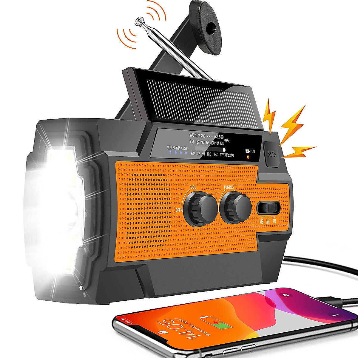 Emergency Radio 4000 mAh, Hand Crank Radio,Solar Weather Radio, Portable AM/FM/NOAA Weather Radio with Bright Flashlight&Motion Sensor Reading Lamp,SOS Alarm, Phone Charger for Hurricane,Survival