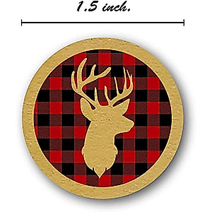 1.5" Round Kraft Buffalo Plaid Deer Head Holiday Label / 500 Northwoods Christmas Holiday Seal