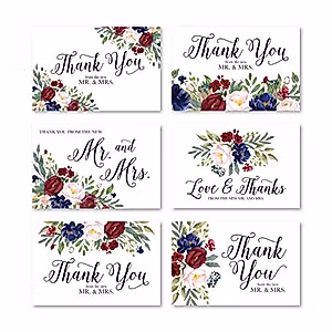 24 Floral Navy Burgundy Wedding Thank You Cards With Envelopes, Elegant Bridal Shower Thank You Note From The New Mr. & Mrs. Newlywed Wine Flower Gratitude Supplies, 4x6 Personalized Bulk Stationery