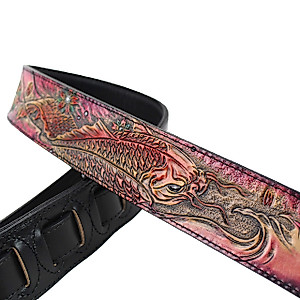 Walker And Williams KB-21 Black & Magenta Carved Grain Leather Strap W/Fire Koi Design