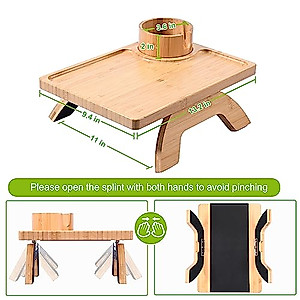 Lorbro Couch Arm Table, Couch Arm Tray with 360° Rotating Cup Holder, Bamboo Sofa Arm Tray for Couch, Foldable Sofa Armrest Tray, Clip on Side Table for Eating, Snacks, Remote, Drinks, No Installation