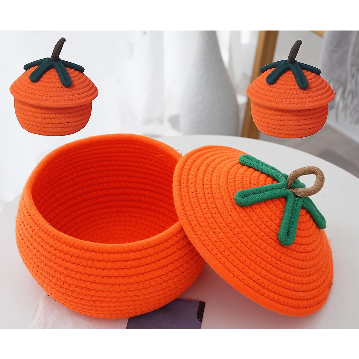 Halloween Pumpkin Basket with Lid,Candy Basket Decorative Cute Basket, Orange Woven Rope Basket Trick or Treat Bucket for Caddy Snacks Organizer (L)