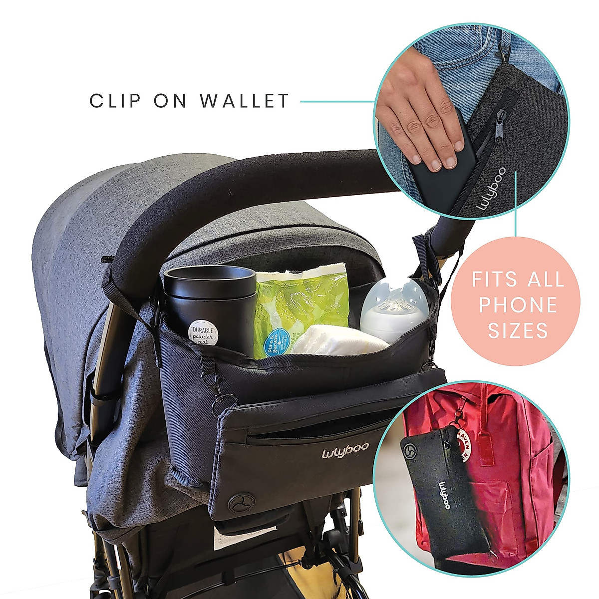 Lulyboo Universal Baby Stroller Organizer with Clip On Removable Wallet, Pockets for Drinks, Toys, Keys Gray/Black