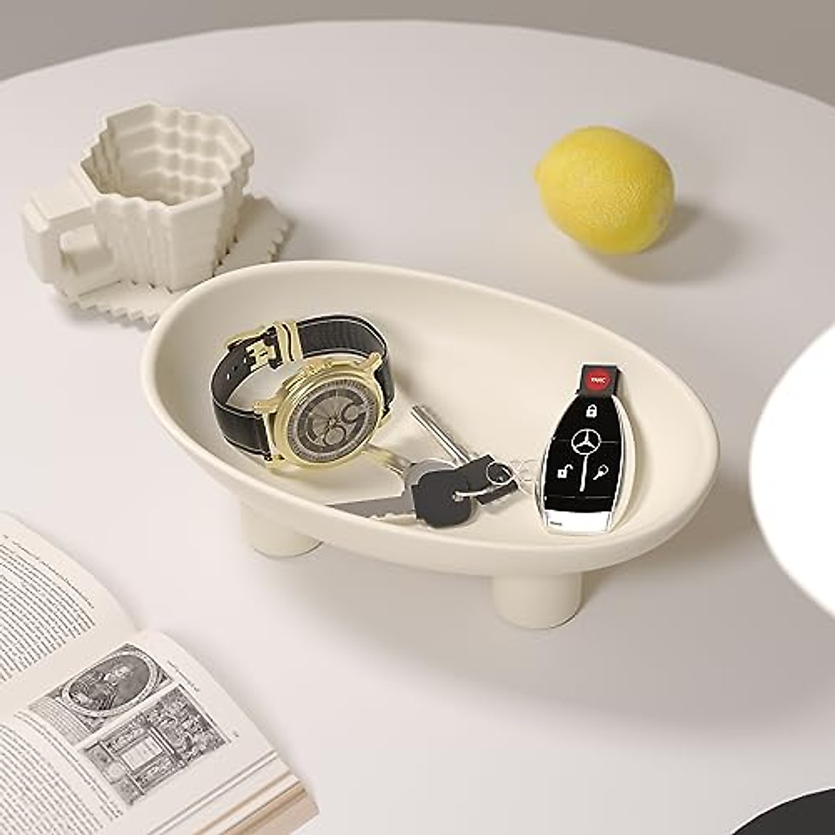 Relexome Fruit Bowl Three-Legs Ceramic Fruit Bowl Fruit Basket For Kitchen Counter Candy Bowl Decorative Pedestal Key Bowl For Table, 10 Inch Oval