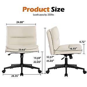 YASHFU Armless Leather Wide Office Desk Chair with Wheels: Cute Criss Cross Chair with Wheels, Leather Comfy Adjustable Swivel Computer Task Chairs for Home, Office,Make Up,Bed Room (Beige)