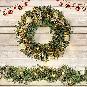 ASTEROUTDOOR Artificial 24in Christmas Wreath and 9ft Holiday Garland for Stairs, Indoor/Outdoor Wreath and Garland Combo, Decorated with Pine Cones Leaves Ball Ornaments