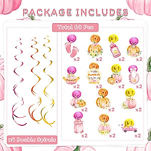 60 Pcs Little Pumpkin Hanging Swirls Autumn Thanksgiving Baby Shower Party Decoration a Little Pumpkin Is on Her Way Hanging Decor Pink Floral Pumpkin Ceiling Swirl for Fall Baby Shower Girl Birthday