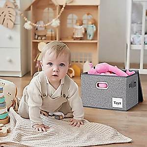 LHZK Large Storage Bins with Lids 6 Pack, Linen Fabric Storage Boxes with Lids, Foldable Storage Baskets with 3 Handles and Label Window for Shelves Bedroom Closet Office (15x11x9.6,Grey,Beige)