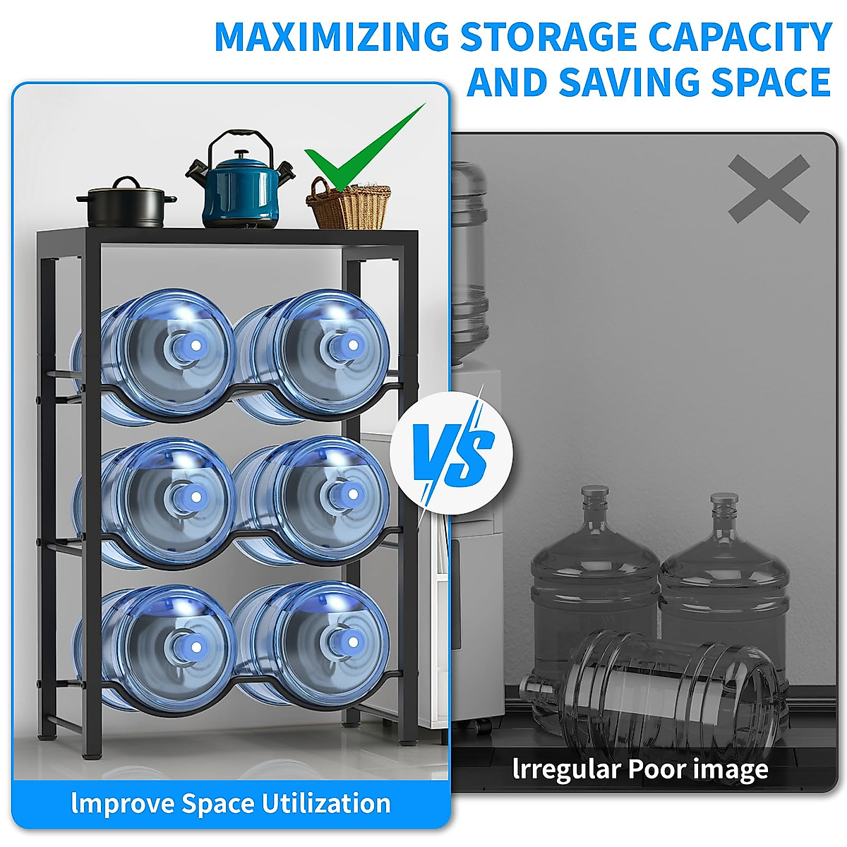 Semoprus 5 Gallon Water Bottle Holder for 6 Bottles, 3 Tiers Heavy-Duty Water Cooler Jug Rack with Reinforcement Frame for Home, Office, Restaurant, Black