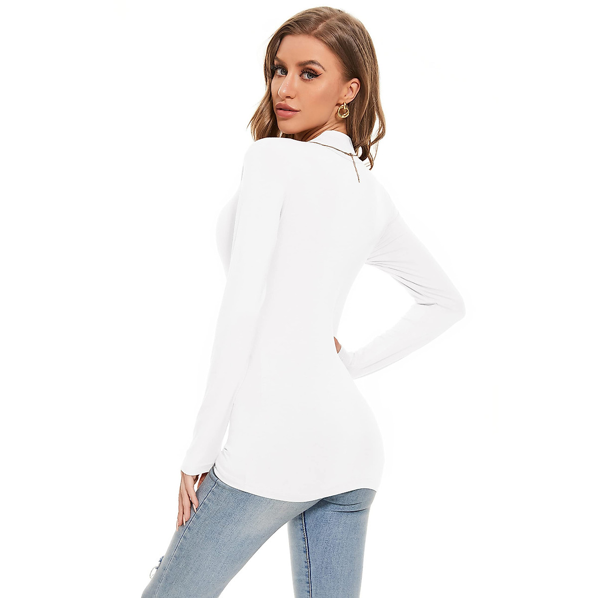 Women's Long Sleeve Turtleneck Layering Tops Classic Mock Neck Slim Fitted Undershirts White X-Large