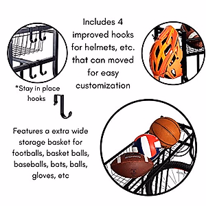 4 Bike Stand Rack with Storage – Great for Parking Road, Mountain, Hybrid or Kids Bikes – Garage Organizer - Helmet - Sports Storage Station - Black