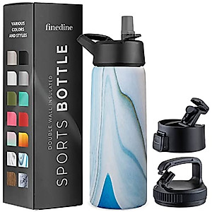 FineDine Triple Walled, Insulated Water Bottles with Straw - 25 Oz Stainless Steel Metal Bottle W/ 3 Leak Proof Lids - For Travel, School, Sports, Gym / Men, Women & Kids - Exquisite Blue Marble