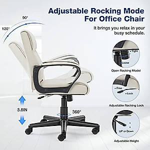 Executive Office Chair Computer Desk Chair with Padded Armrests, Ergonomic Chair Mid Back Lumbar Support and Adjustable Height & Tilt Angle Home Office Desk Chairs PU Leather Swivel Chair, Cream