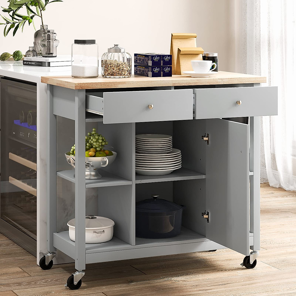 LOKO Kitchen Island on Wheels, Rolling Kitchen Serving Cart with 2 Drawers, 4 Open Shelves & Adjustable Shelf, 3-Tier Kitchen Cart with Rubber Wood Top for Home Kitchen & Coffee Bar, Grey