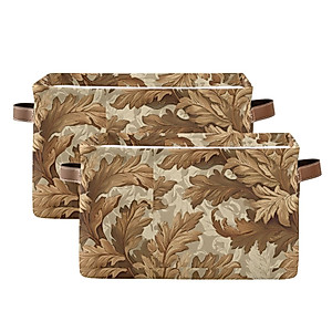 Generic Tan Oak Leaves Storage Bins 2PCS, Small Storage Cubes with Handle, Cloth Storage Basket Decor, Shelves Organizer Bins for Toy, Book, Blanket