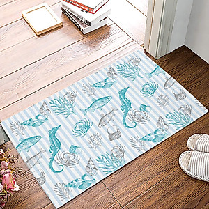 Door Mat for Bedroom Decor, Fish, Shell, Seahorse and Coral in Ocean Floor Mats, Holiday Rugs for Living Room, Absorbent Non-Slip Bathroom Rugs Home Decor Kitchen Mat Area Rug 18x30 Inch